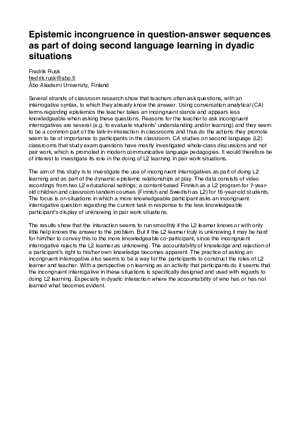 (PDF) Epistemic incongruence in question-answer sequences as part of doing second language ...