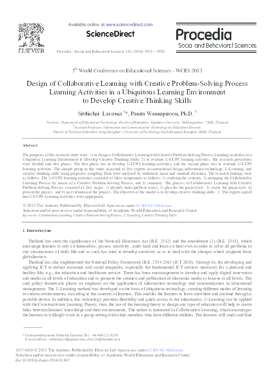 (PDF) Design of Collaborative Learning with Creative Problem-solving Process Learning Activities ...