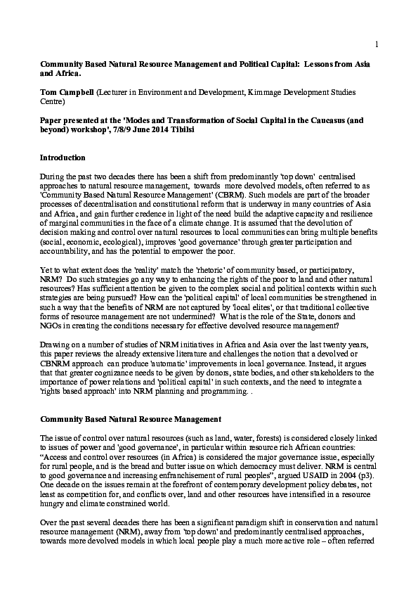 (PDF) Community Based Natural Resource Management and Political Capital ...
