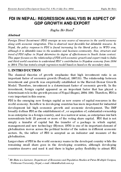 (PDF) FDI IN NEPAL: REGRESSION ANALYSIS IN ASPECT OF GDP GROWTH AND EXPORT