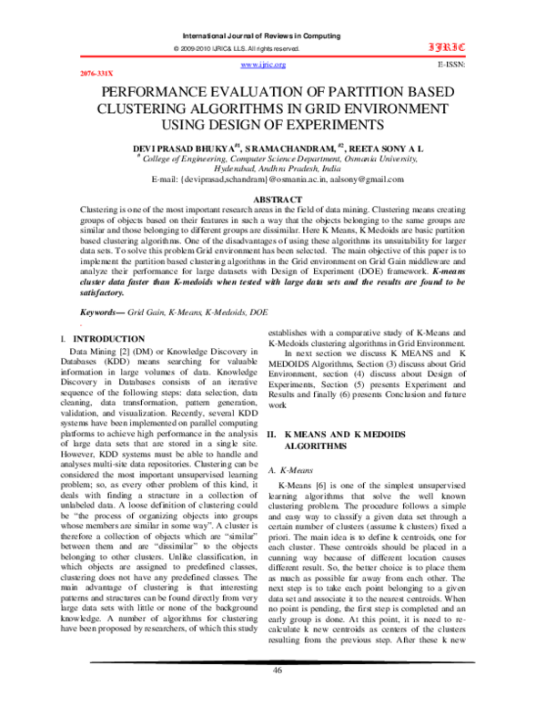 (PDF) Performance Evaluation of Partition Based Clustering Algorithms in Grid Environment using ...