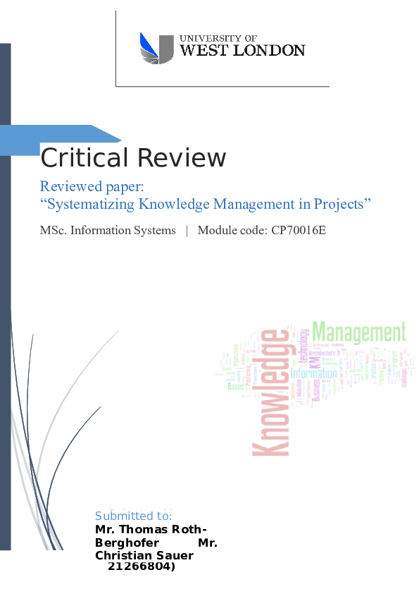 (DOC) Review of 'Systematising Knowledge management in projects'