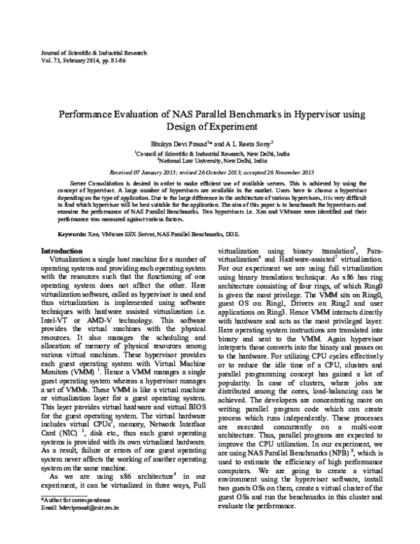 Pdf Performance Evaluation Of Nas Parallel Benchmarks In Hypervisor Using Design Of Experiment