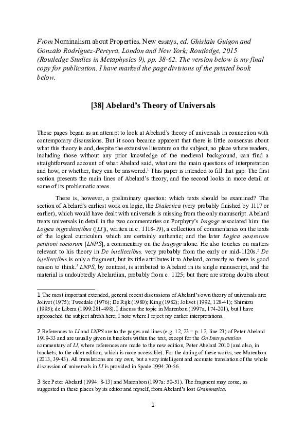 (DOC) 'Abelard's Theory of Universals' in Nominalism about Properties ...