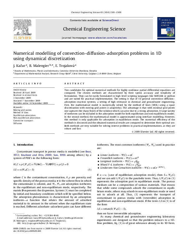 Pdf Numerical Modelling Of Convectiondiffusionadsorption Problems