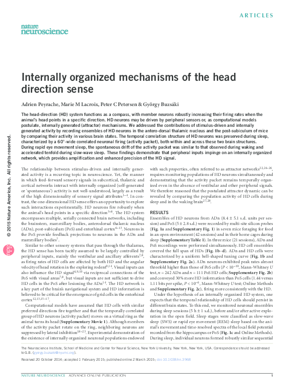 (PDF) Self-organized mechanisms of the head direction sense