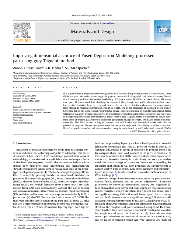 (PDF) Improving dimensional accuracy of Fused Deposition Modelling processed part using grey ...