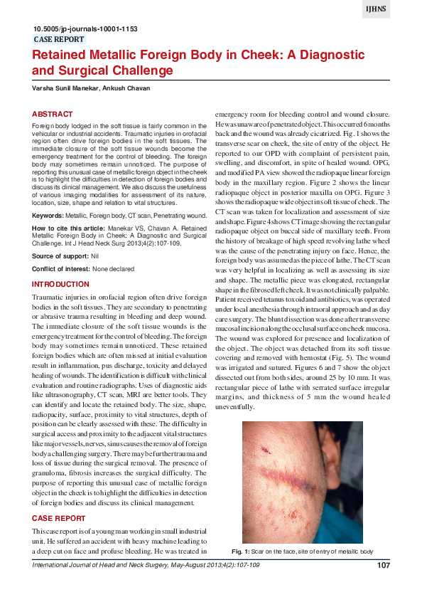 (PDF) Retained Metallic Foreign Body in Cheek: A Diagnostic and ...