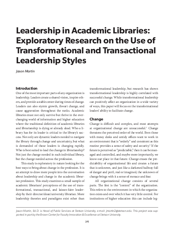 (PDF) Leadership in academic libraries: Exploratory research on the use of transformational and ...