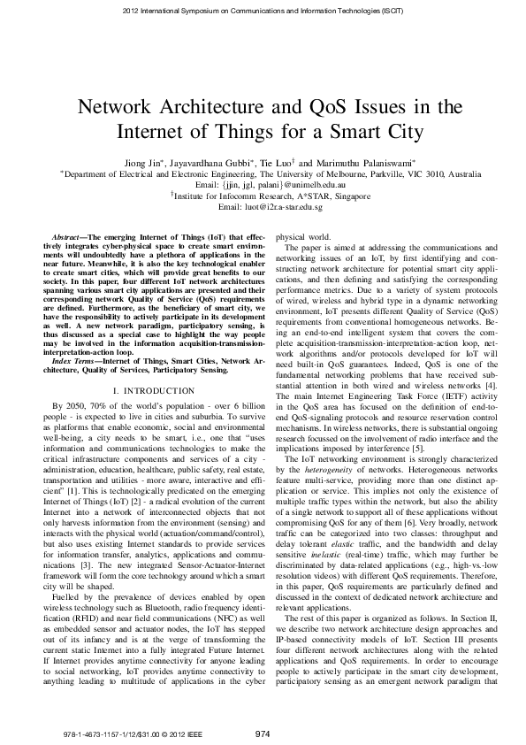 Pdf Network Architecture And Qos Issues In The Internet Of Things For A Smart City