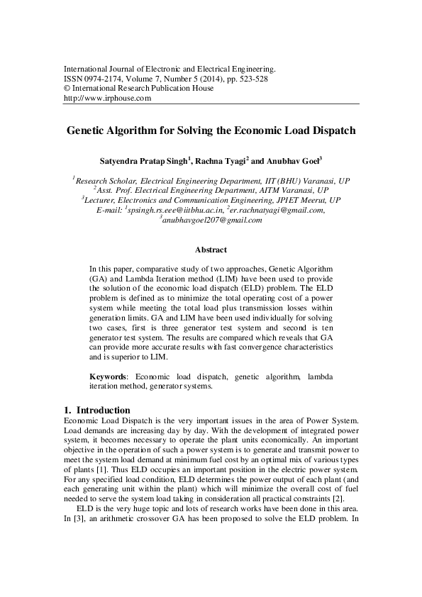 Pdf Genetic Algorithm For Solving The Economic Load Dispatch