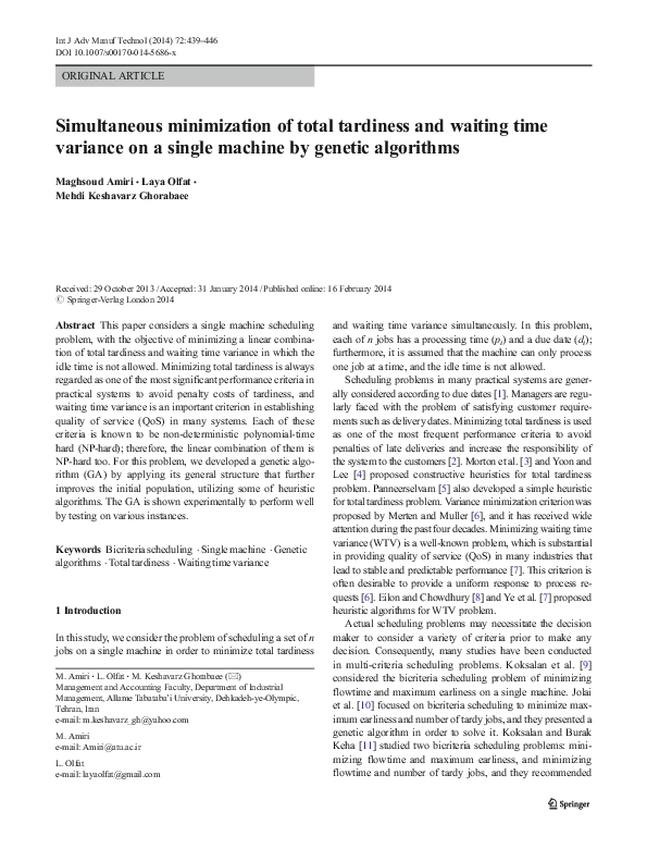 (PDF) Simultaneous minimization of total tardiness and waiting time variance on a single machine ...