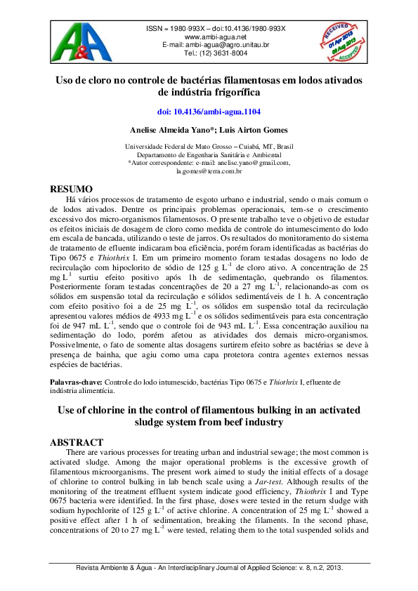 (PDF) Use of chlorine in the control of filamentous bulking in an ...