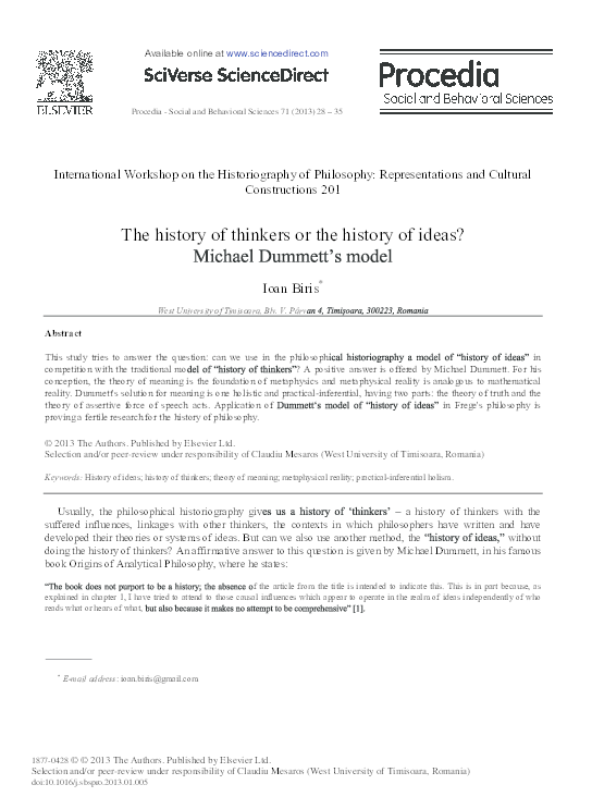 The history of thinkers or the history of ideas - Ioan Biris