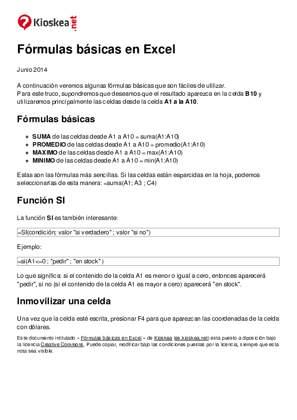 (PDF) Fórmulas básicas en Excel