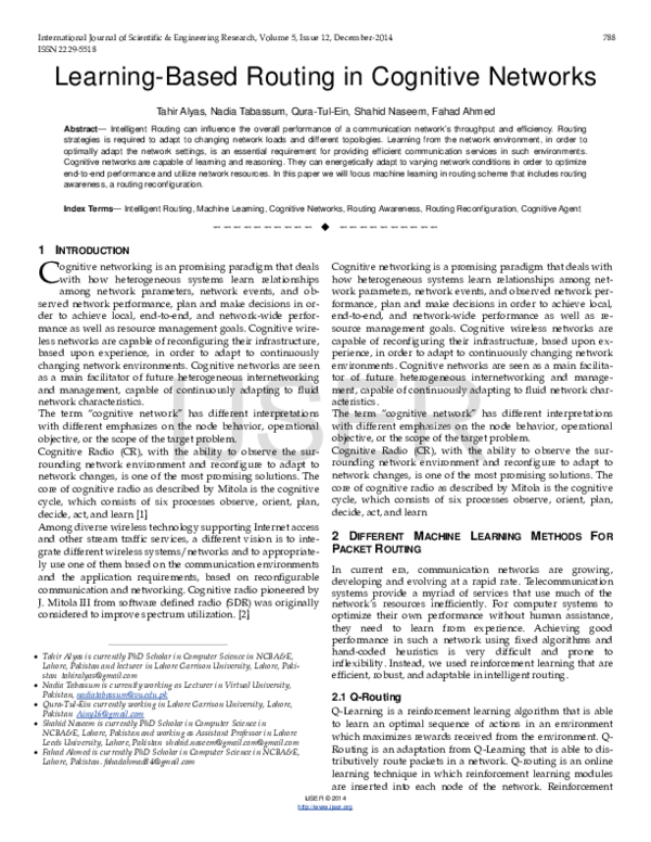 (PDF) Learning-Based Routing in Cognitive Networks