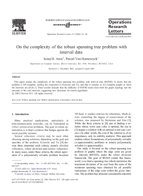 Pdf On The Complexity Of The Robust Spanning Tree Problem With Interval Data
