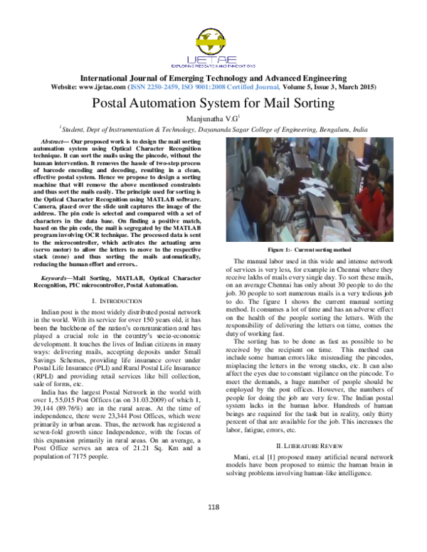 (PDF) postal automation system for mail sorting
