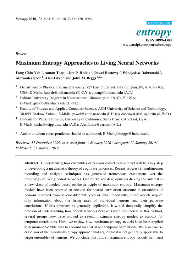 (PDF) Maximum entropy approaches to living neural networks