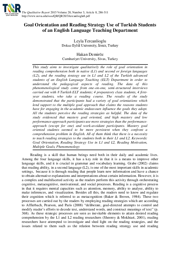 (PDF) Goal Orientation and Reading Strategy Use of Turkish Students of an English Language ...