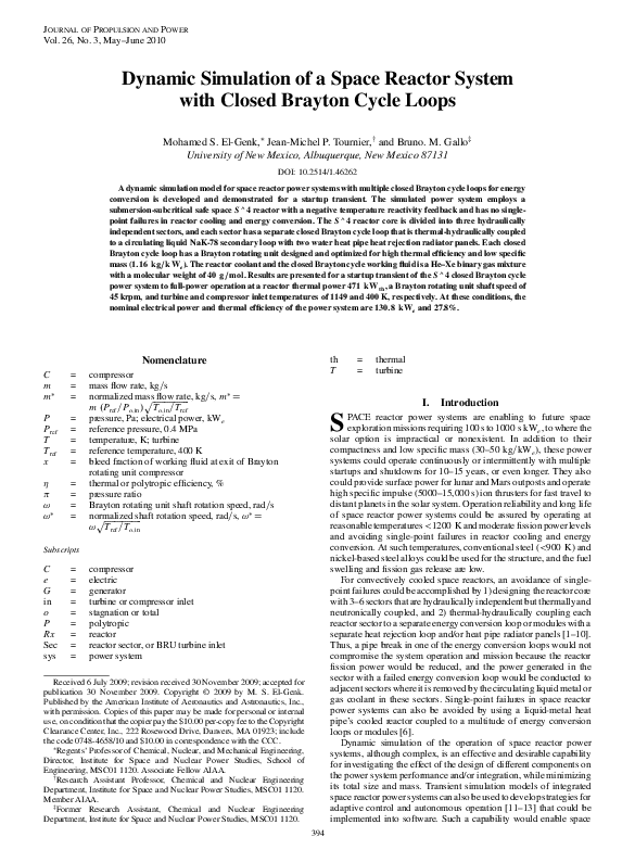 (PDF) Dynamic simulation of a space reactor system with Closed Brayton Cycle loops