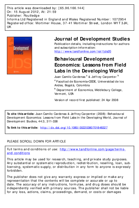 (PDF) Behavioural Development Economics: Lessons from Field Labs in the ...