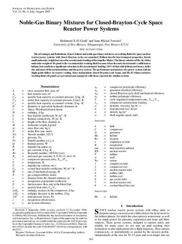 (PDF) Noble-Gas Binary Mixtures for Closed-Brayton-Cycle Space Reactor Power Systems