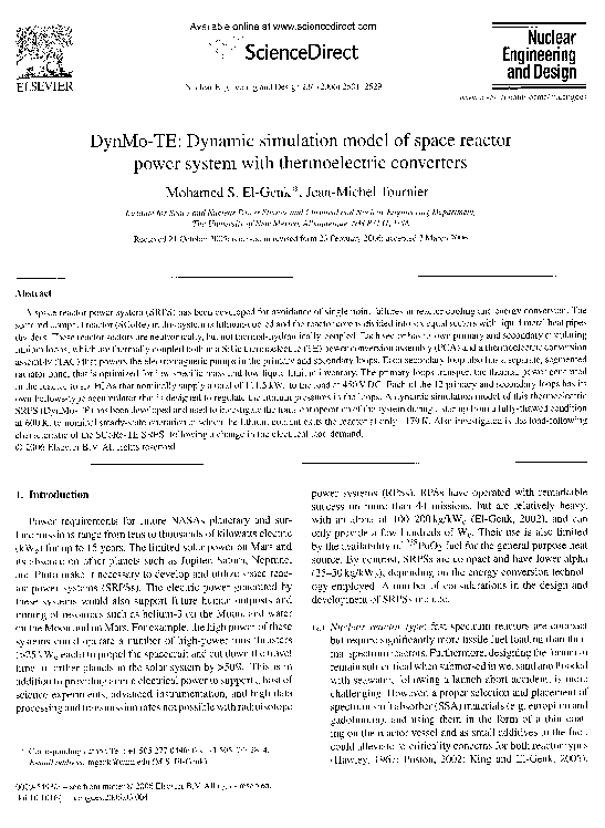 (PDF) DynMo-TE: Dynamic simulation model of space reactor power system with thermoelectric ...