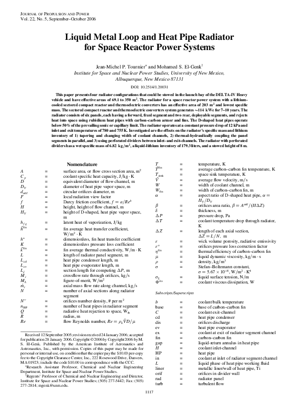 (PDF) Liquid metal loop and heat pipe radiator for space reactor power ...