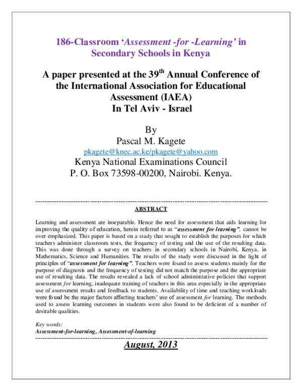 (PDF) Classroom ‘Assessment -for -Learning’ in Secondary Schools in Kenya