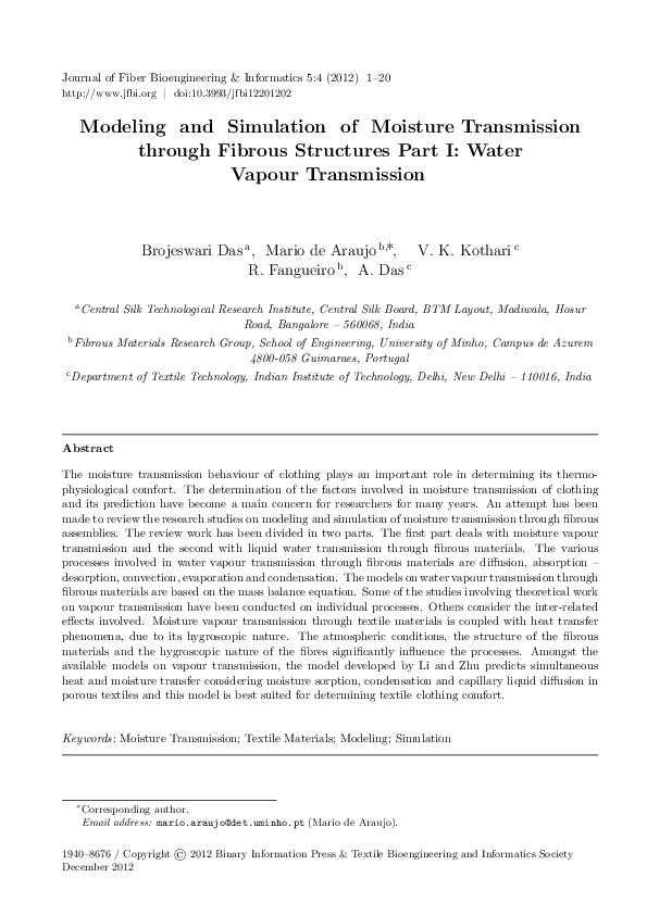 (PDF) Modeling and Simulation of Moisture Transmission through Fibrous Structures Part I: Water ...
