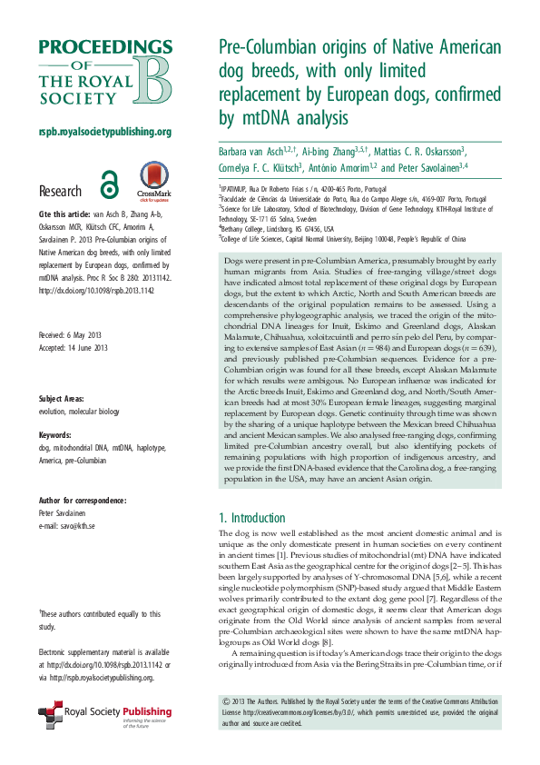(PDF) Pre-Columbian origins of Native American dog breeds, with only ...