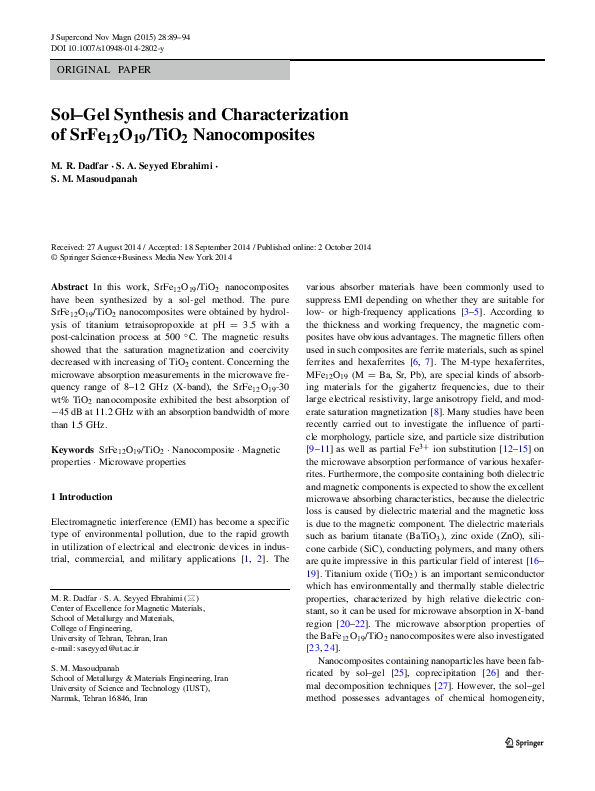 Pdf Sol Gel Synthesis And Characterization Of Srfe12o19 Tio2 Nanocomposites