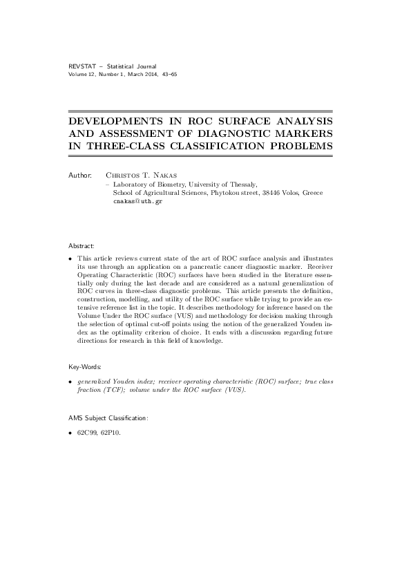 Pdf Developments In Roc Surface Analysis And Assessment Of Diagnostic Markers In Three Class