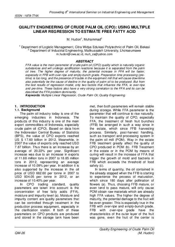 (PDF) QUALITY ENGINEERING OF CRUDE PALM OIL (CPO): USING MULTIPLE LINEAR REGRESSION TO ESTIMATE ...