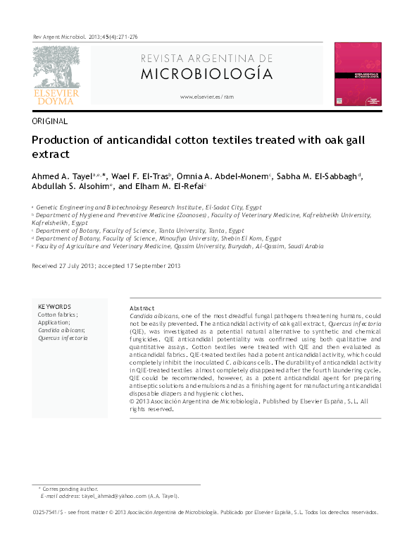 (PDF) Production of anticandidal cotton textiles treated with oak gall ...