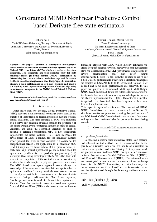 Pdf Constrained Mimo Nonlinear Predictive Control Based Derivate Free State Estimators