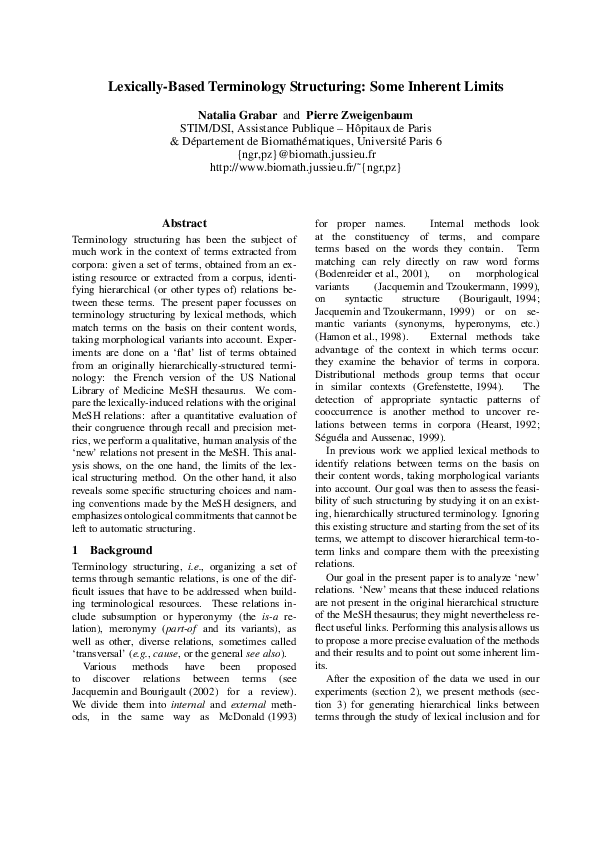(PDF) Lexically-Based Terminology Structuring: Some Inherent Limits