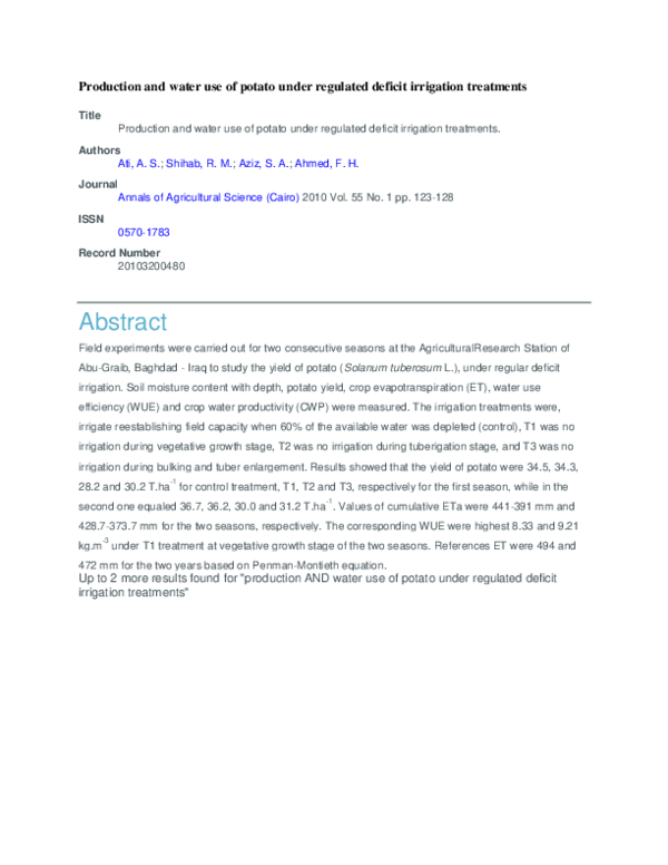 (PDF) Production and water use of potato under regulated deficit ...