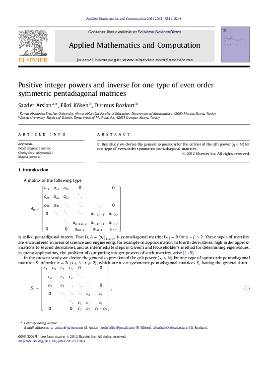 Pdf Powers Of Even Order Symmetric Pentadiagonal Matrices