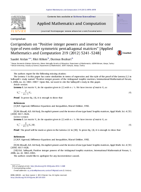 Pdf Corrigendum On ‘‘positive Integer Powers And Inverse For One Type Of Even Order Symmetric