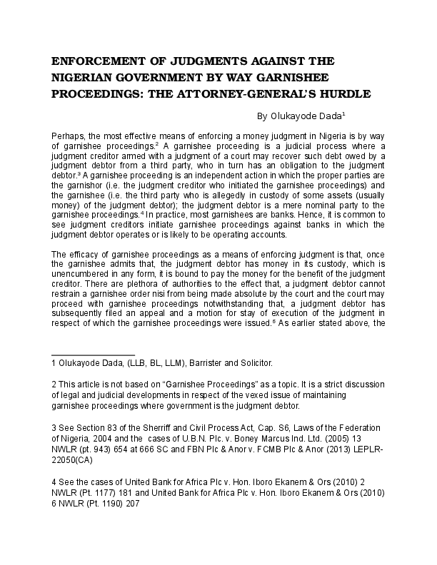 (DOC) ENFORCEMENT OF JUDGMENTS AGAINST THE NIGERIAN GOVERNMENT BY WAY ...