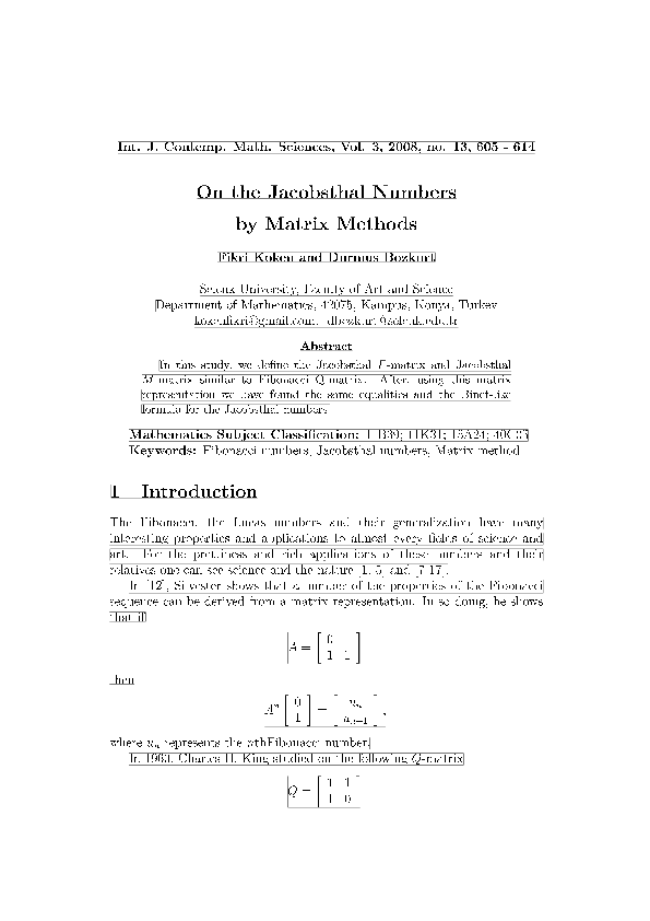 (PDF) On The Jacobsthal Numbers By Matrix Methods