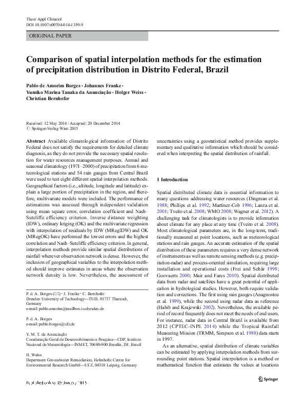 Pdf Comparison Of Spatial Interpolation Methods For The Estimation Of