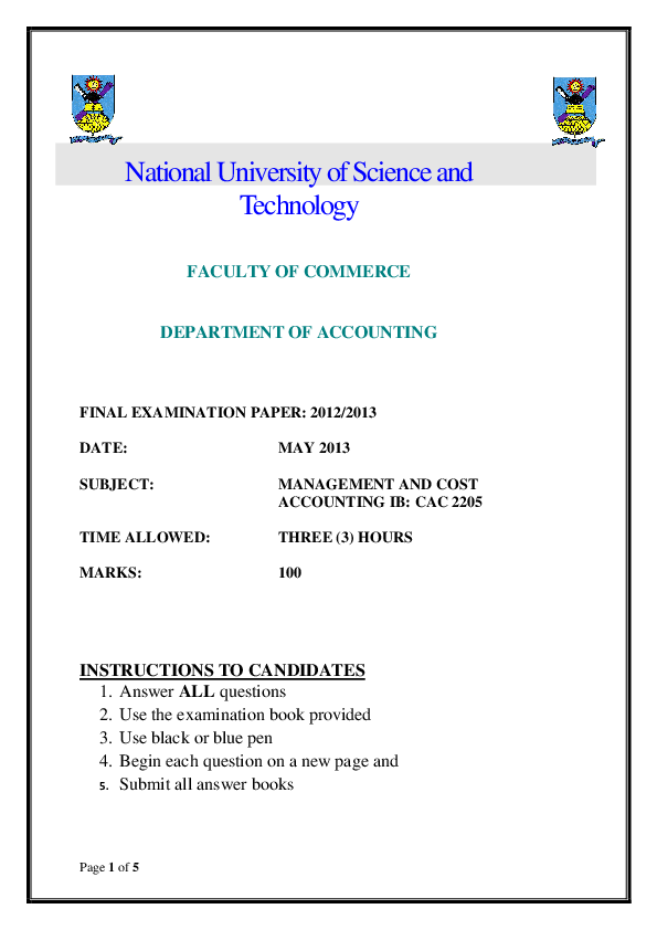 (PDF) SUBJECT: MANAGEMENT AND COST | Lawrence Dube - Academia.edu