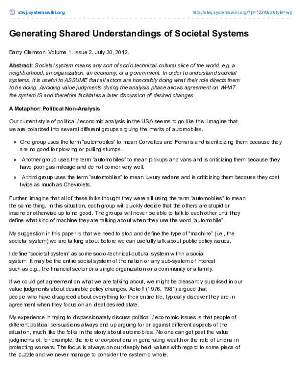 (PDF) Generating Shared Understandings of Social Systems