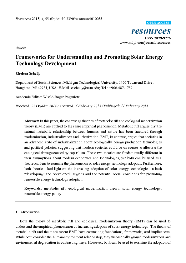 (PDF) Frameworks for Understanding and Promoting Solar Energy ...