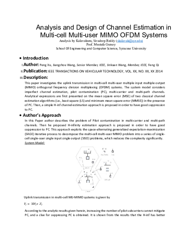 (PDF) Analysis and Design of Channel Estimation in Multi-cell Multi-user MIMO OFDM Systems
