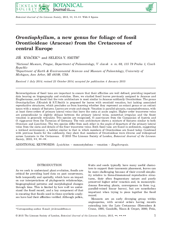 (PDF) Orontiophyllum, a new genus for foliage of fossil Orontioideae ...