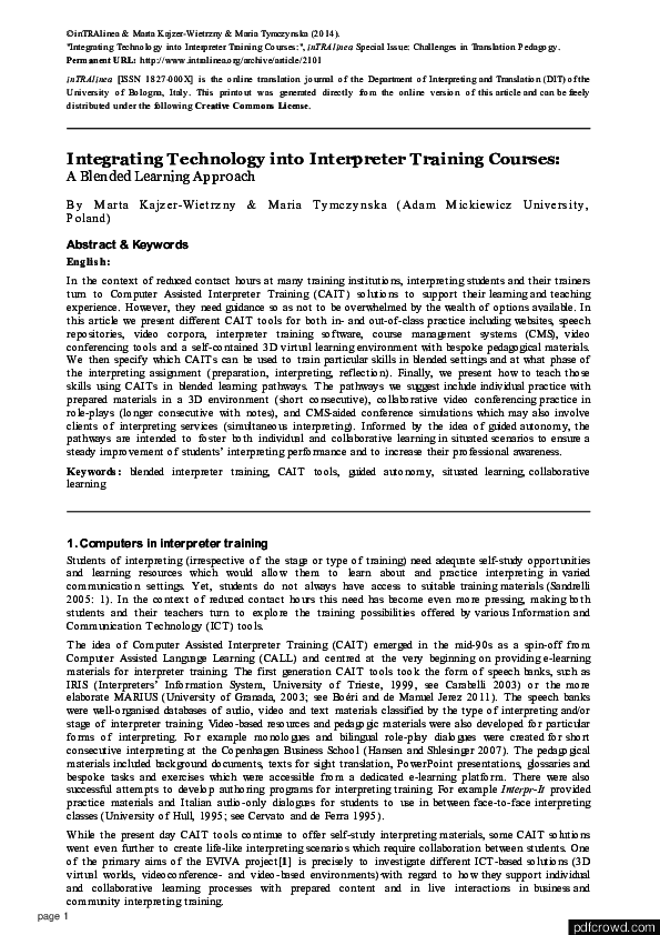 (PDF) Integrating Technology into Interpreter Training Courses: A ...